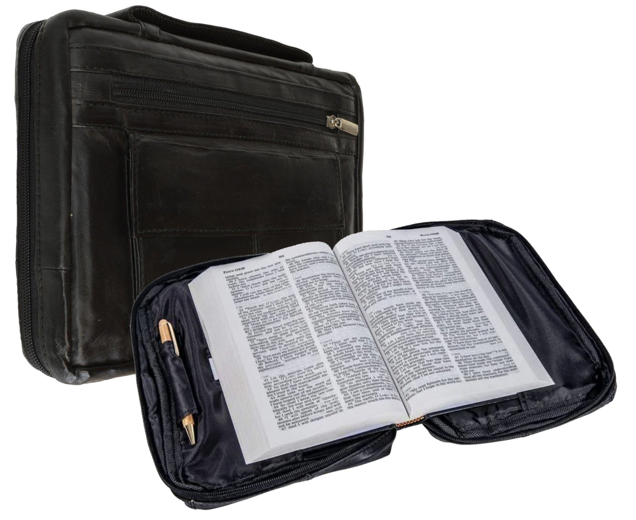 Black Genuine Leather Bible Cover Zippered Bag Book Organizer Brief ...