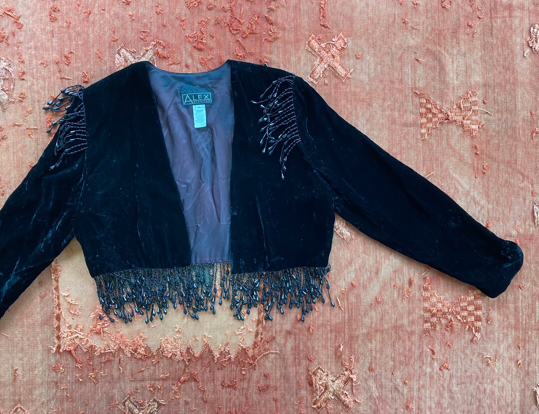 80s Velvet Beaded Fringe Crop Evening Jacket Size L - Etsy