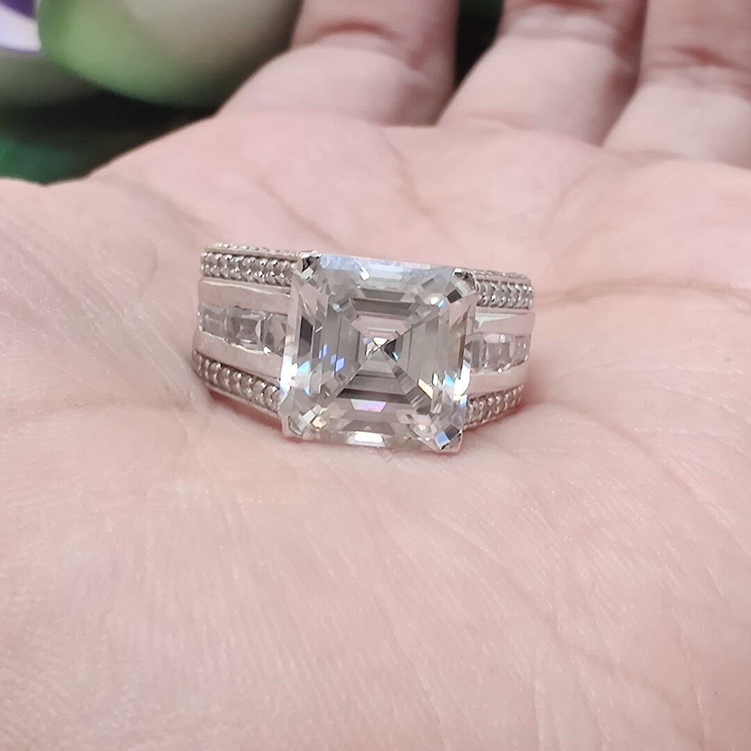 Ascher Cut White Moissanite Engagement Ring/ Solitaire With Accent Ring ...