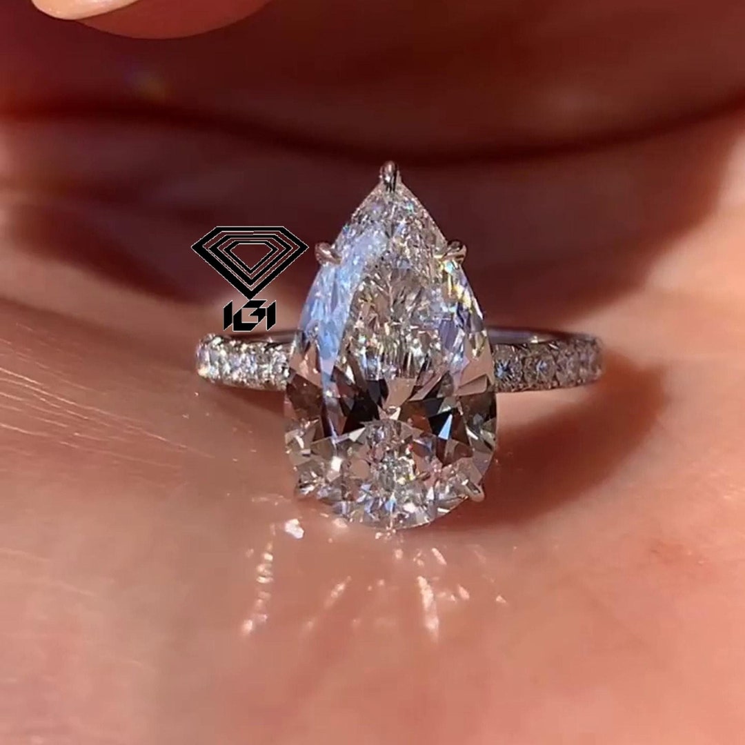 3 CT Pear Shape Lab Grown Diamond Engagement Ring Pear Cut Hidden Halo ...
