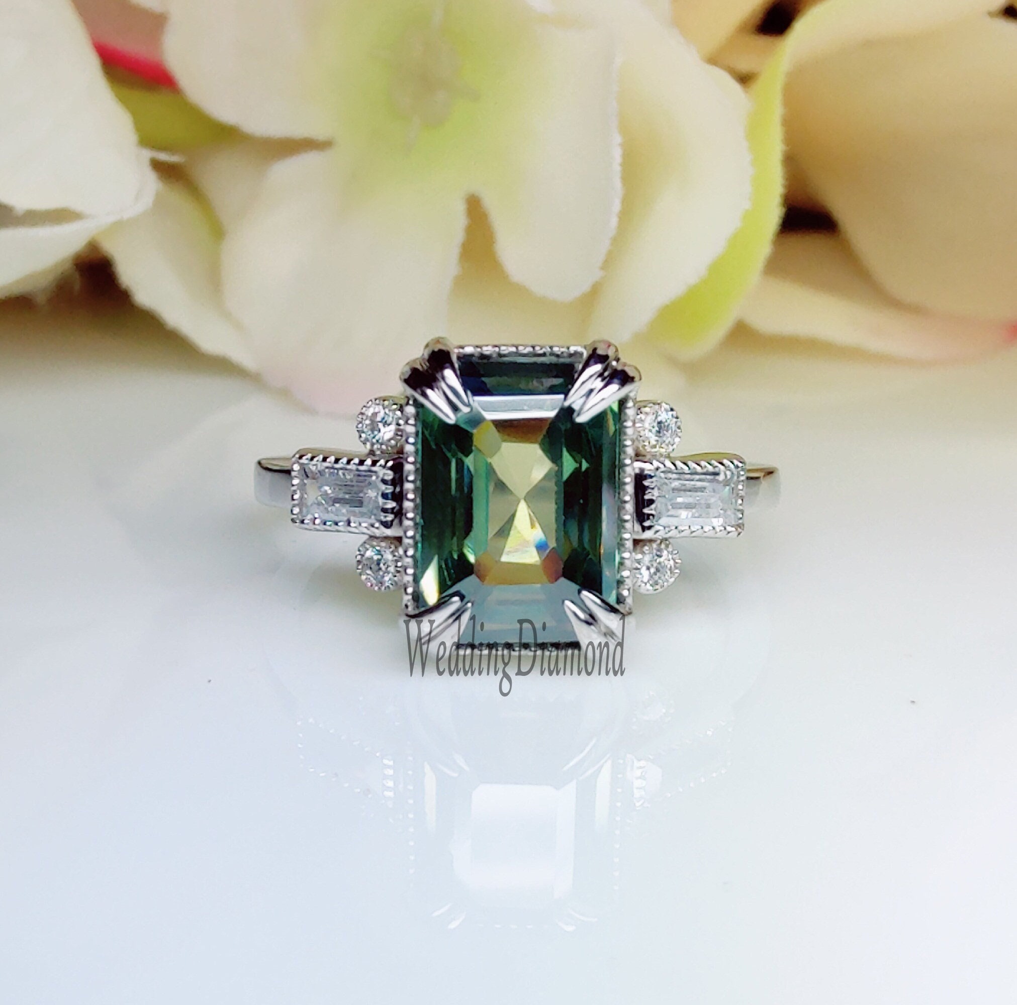 Green Moissanite Engagement Ring Green Emerald Moissanite Ring Etsy