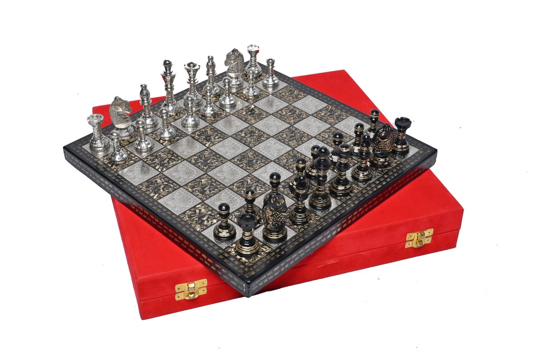 12" Solid Brass Metal Chess Set Pieces & Board With Velvet Storage Box ...