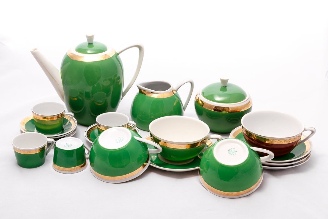 Classic Oil Green and Gold - 4 Person Coffee and Tea Set - Vintage ...