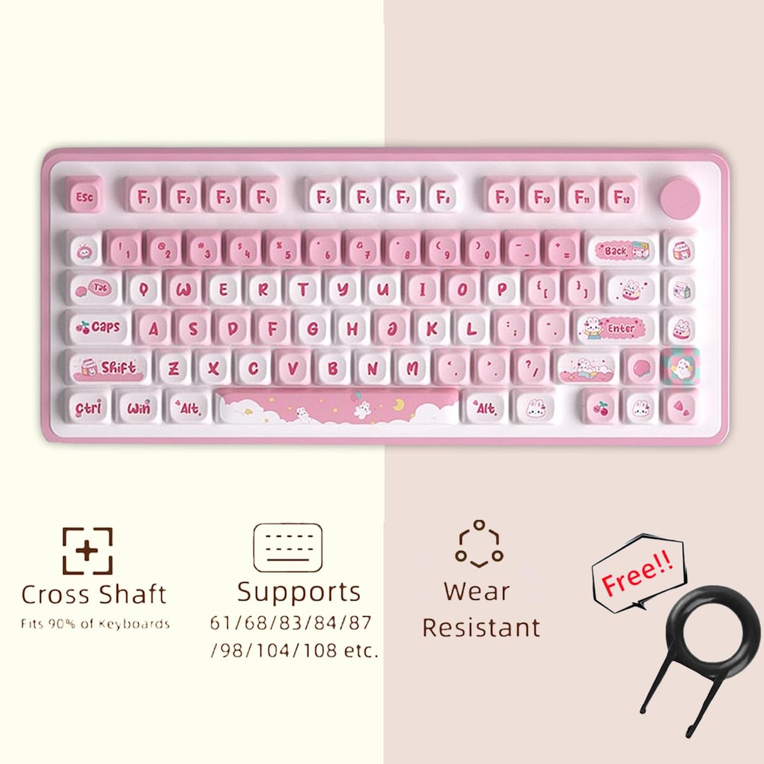 Lovely Rabbit Pink Keycaps Set, Cartoon Anime Keycaps Set, Mechanical ...