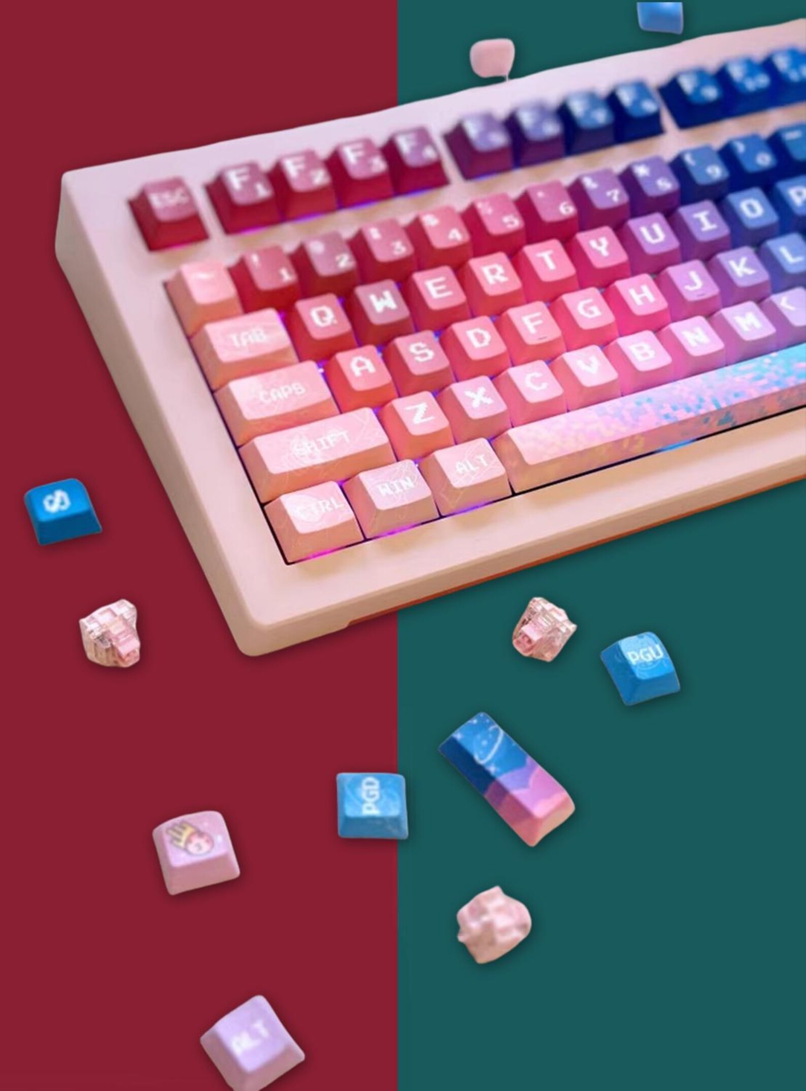 Colorful Pixel Gradient Keycaps Set, Fantasy Pink and Blue Keycaps Set ...