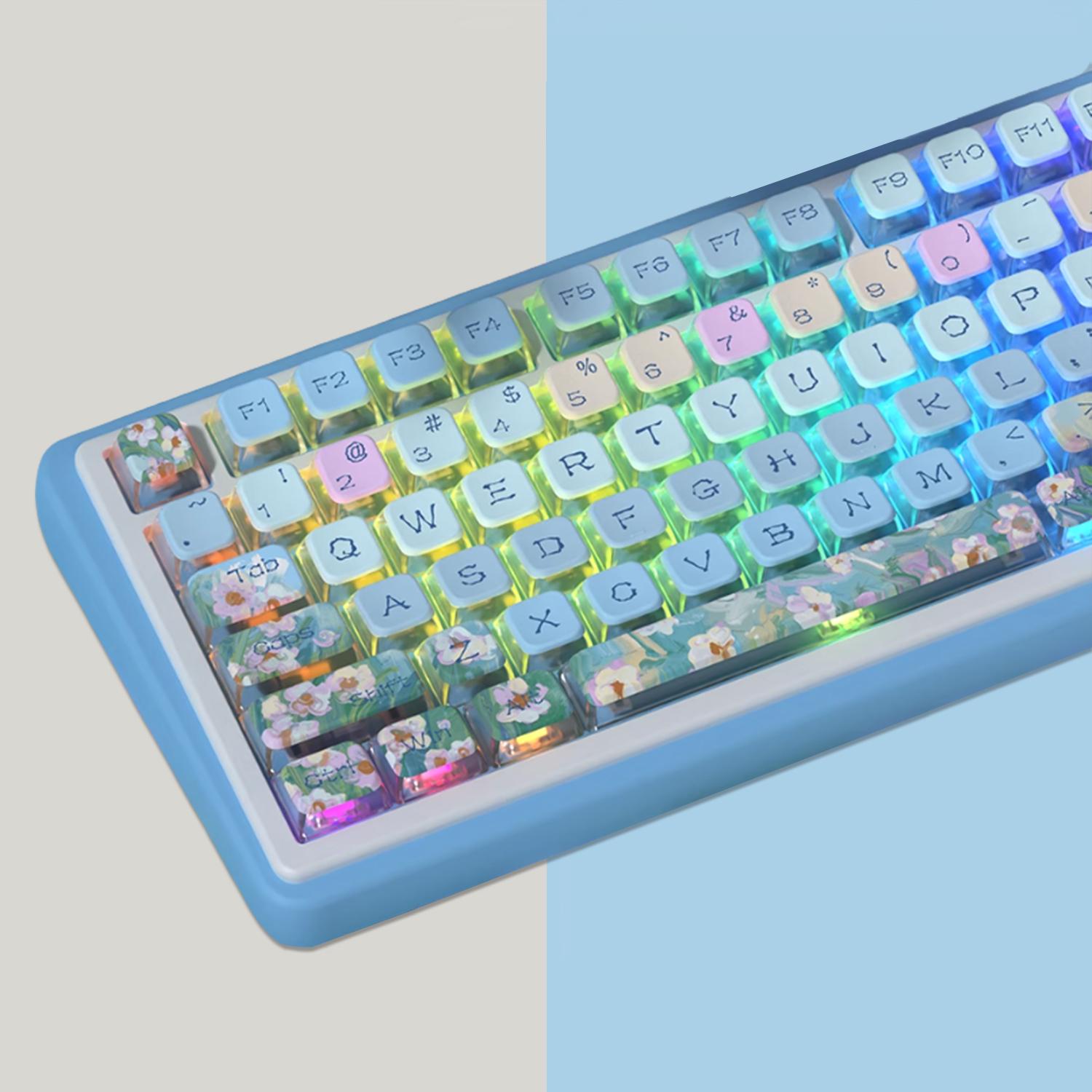 Blue Daisy Translucent Keycaps Set, Art Painting Engraved Keycaps Set ...