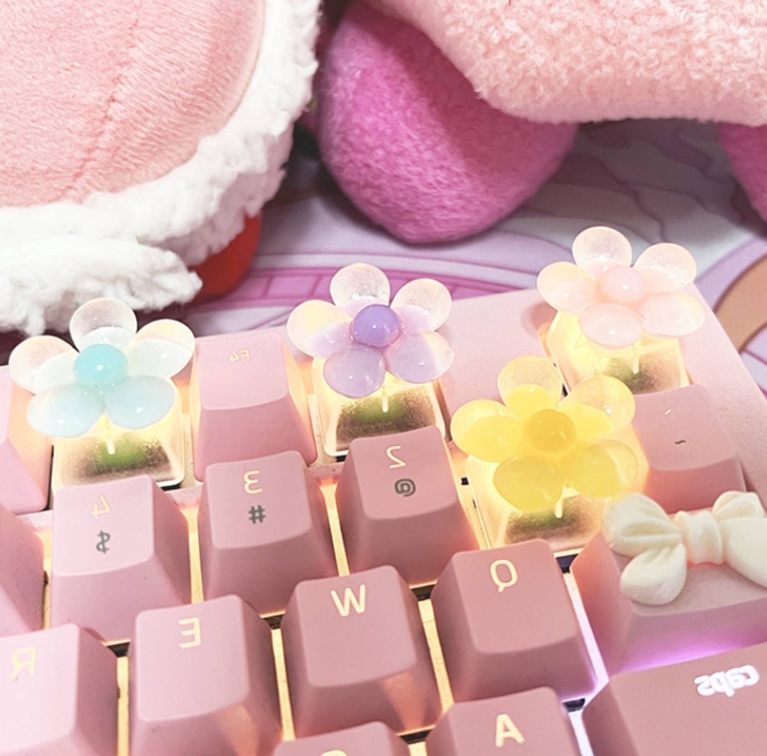 Flower Transparent Keycaps, Kawaii Floral Keycap, Cute Blue Pink Yellow ...