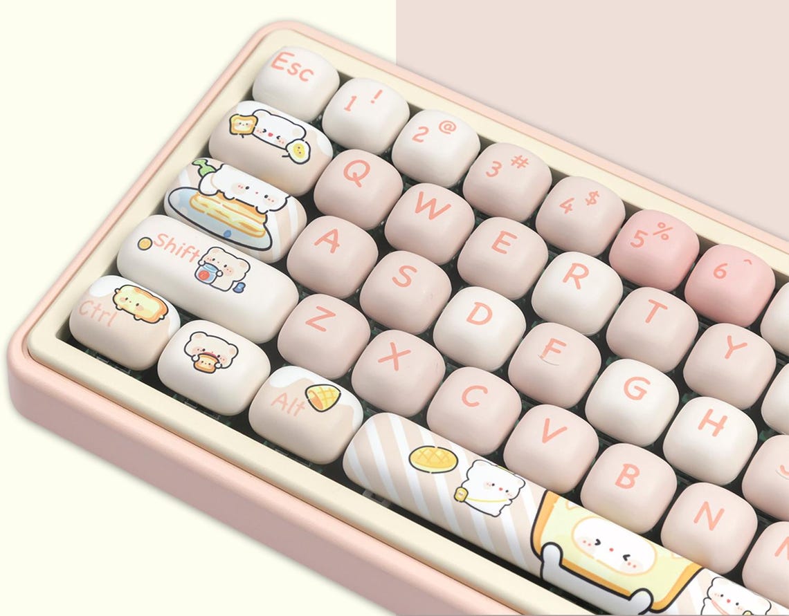 Cute Bread Bear Pink Keycaps Set, Kawaii Rounded Anime Keycaps Set ...