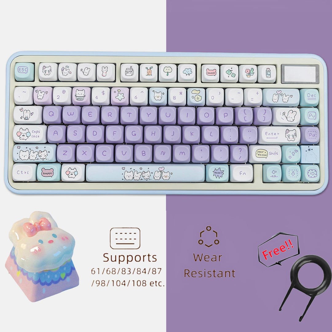 Party Rabbit Purple Keycaps Set, Cute Bunny Keycaps Set, Kawaii Anime ...