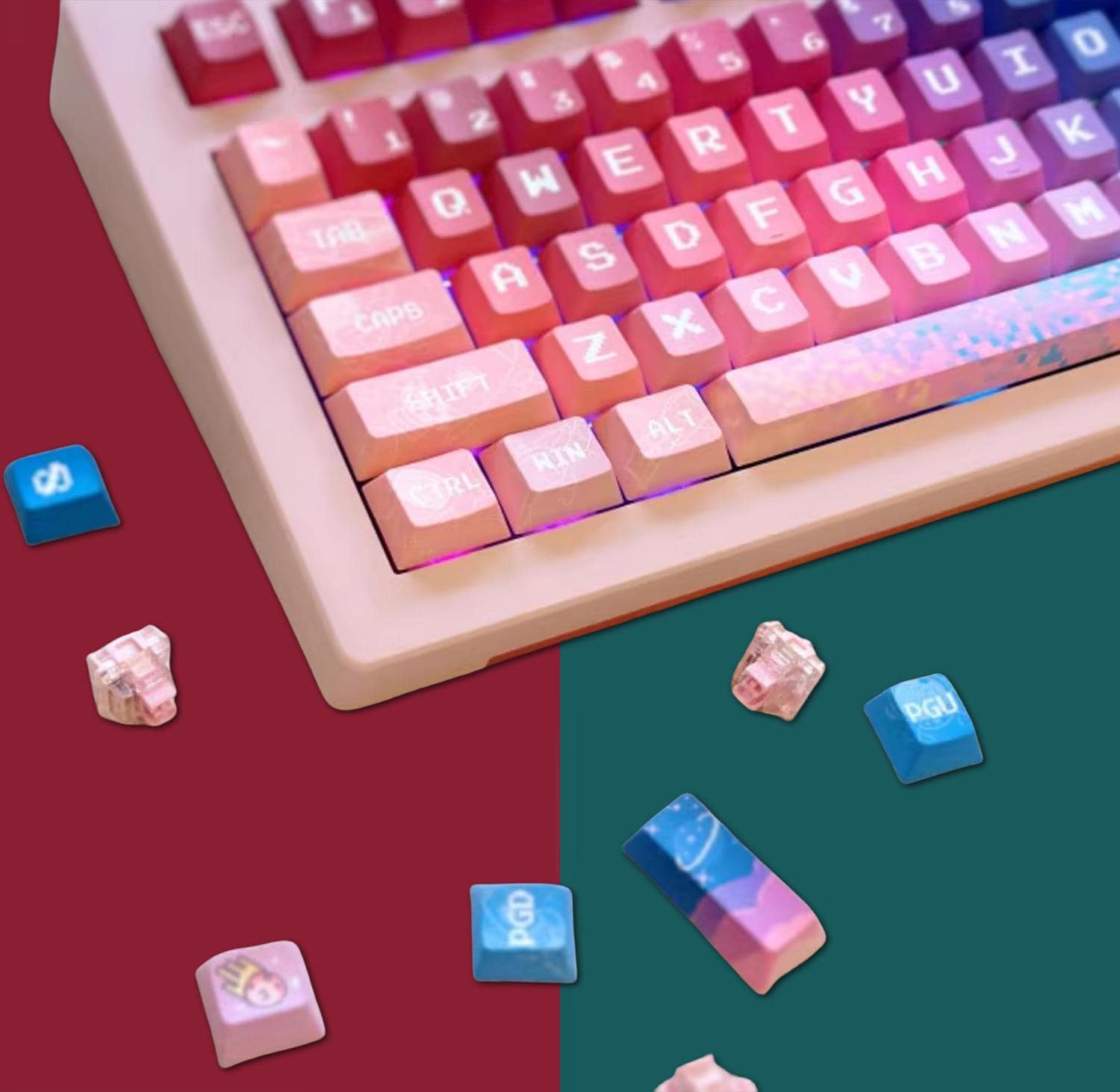 Colorful Pixel Gradient Keycaps Set, Fantasy Pink and Blue Keycaps Set ...