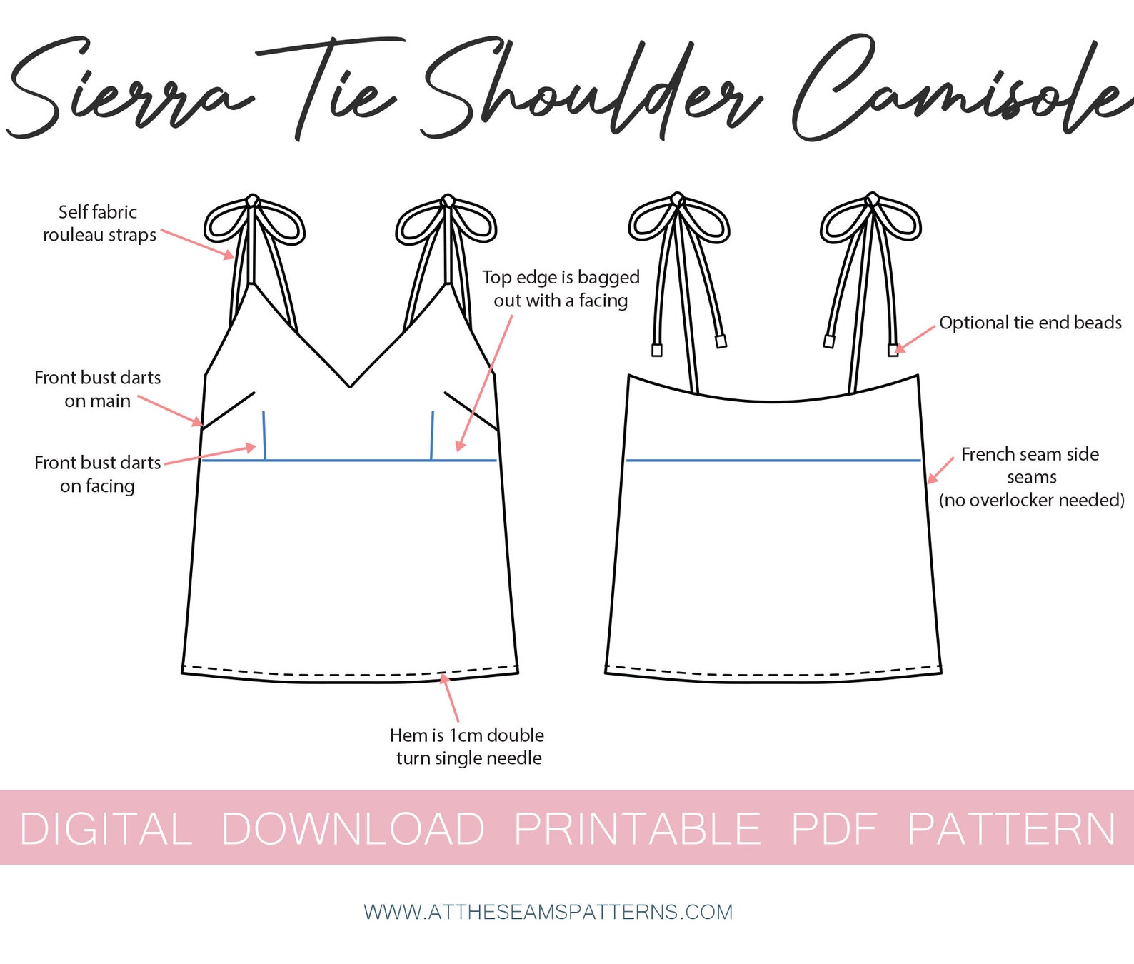 Sewing Pattern Sierra Tie Shoulder Camisole Digital PDF | Etsy