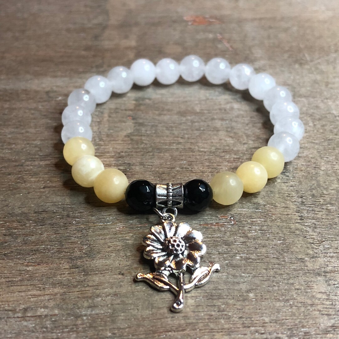 White Jade, Yellow Jade and Onyx Sunflower Bracelet Yellow and Black ...