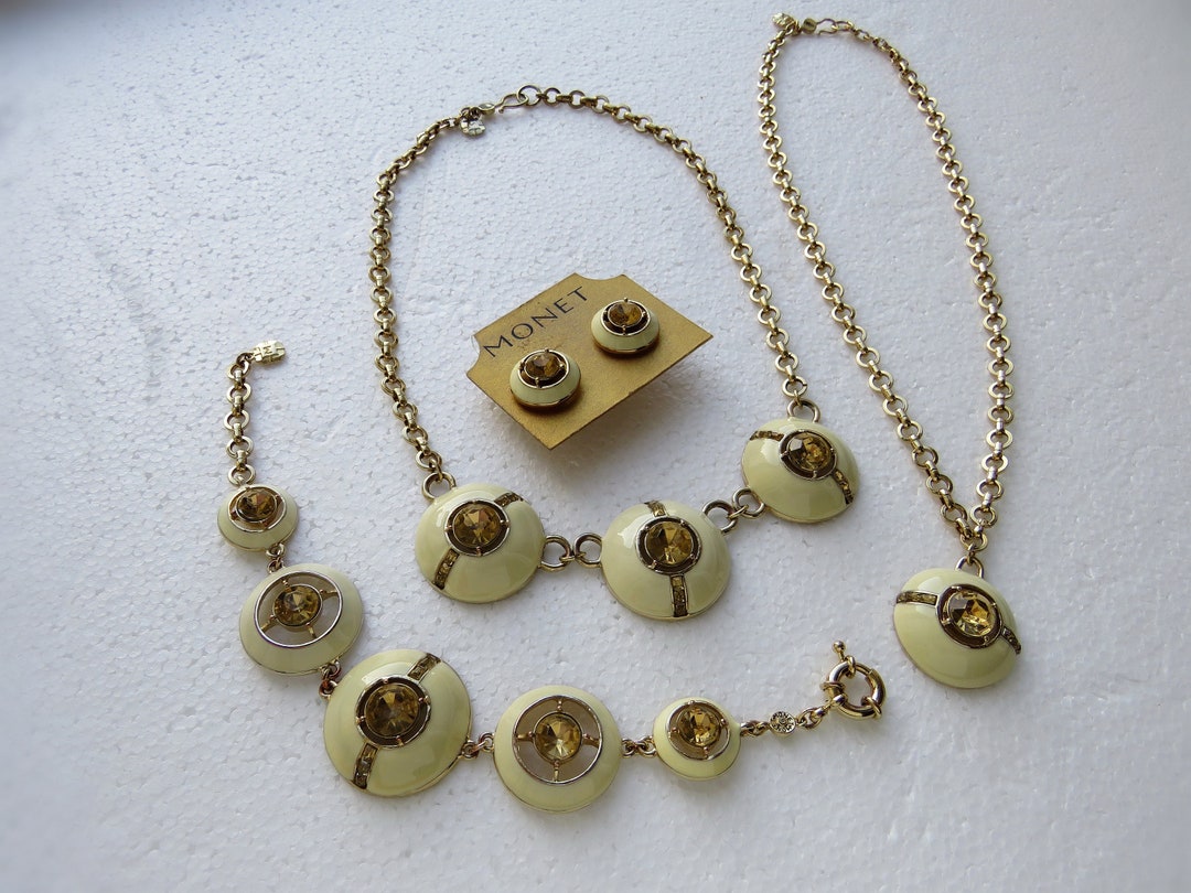 Monet Jewelry Set: Vintage Cream Enamel Art Deco Necklace, Pendant ...