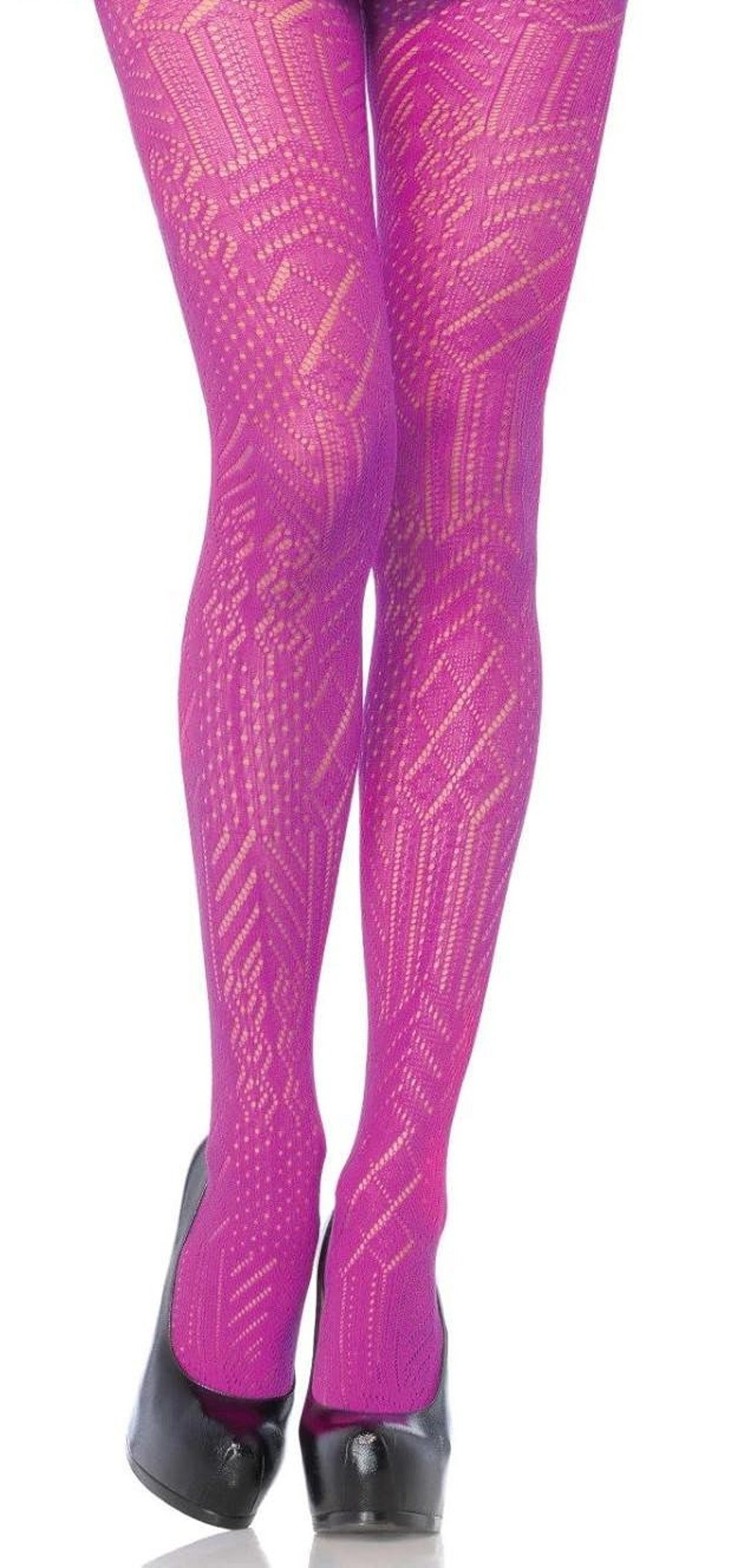 Art Deco Geometric Pattern Crochet Lace Tights Magenta Pink One Size ...