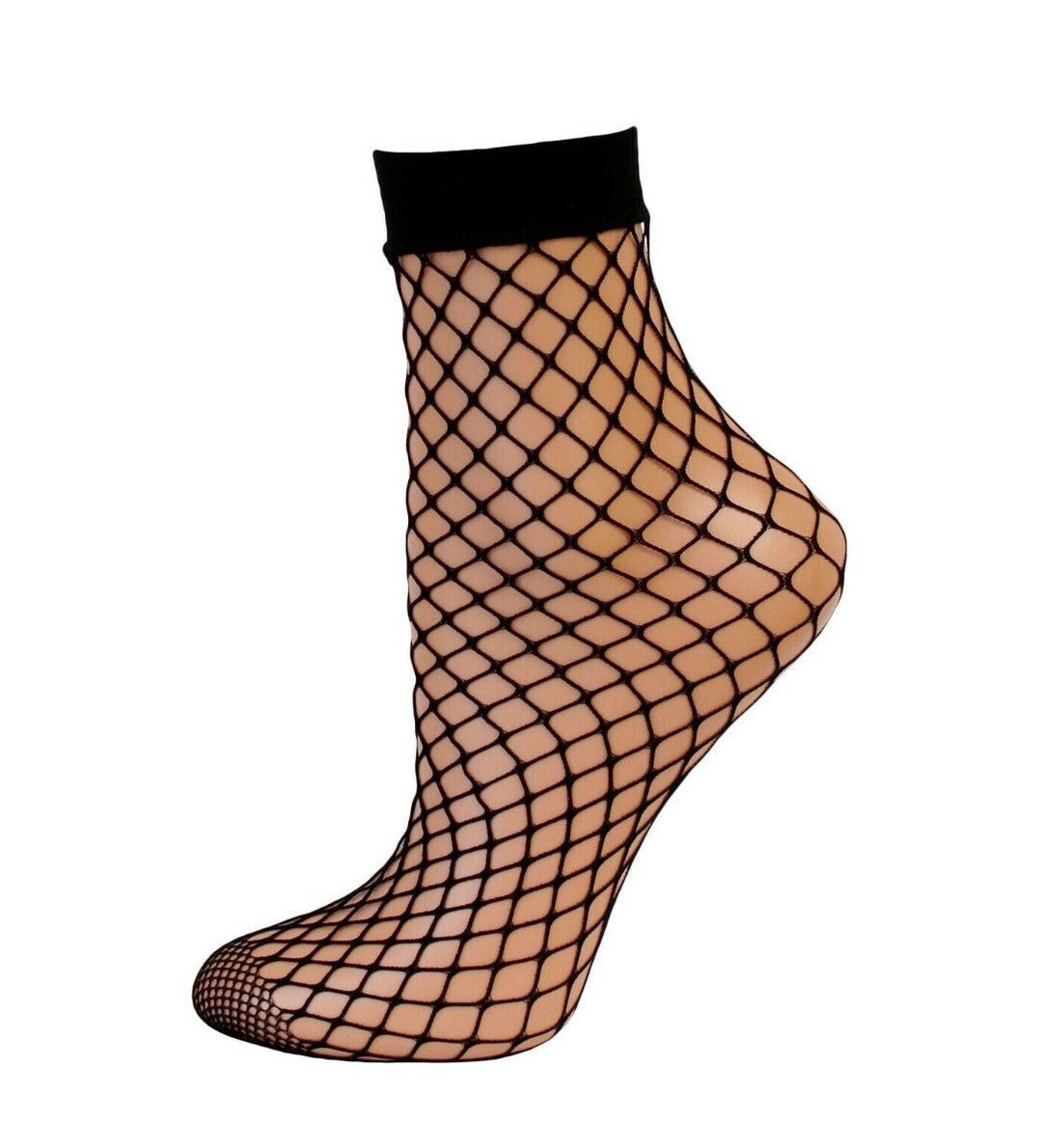 2 X Pairs Ladies Black Fishnet Ankle Socks Plain Top One Size Shoe 4 7 ...