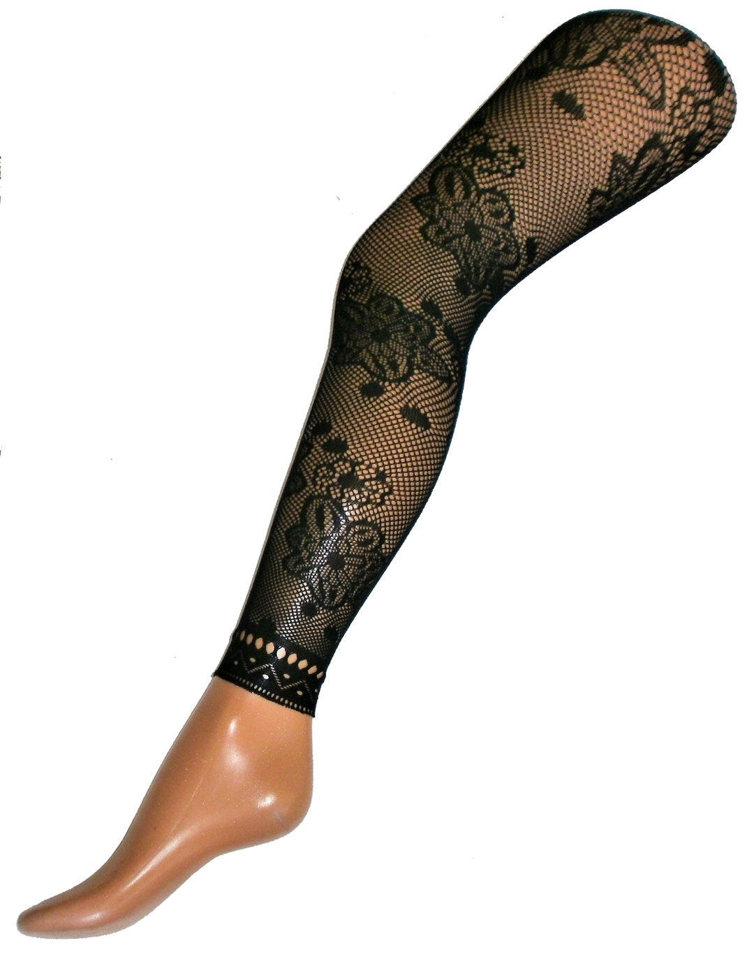 Black Large Flower Fishnet FOOTLESS TIGHTS Lace Pantyhose Hippie Net ...