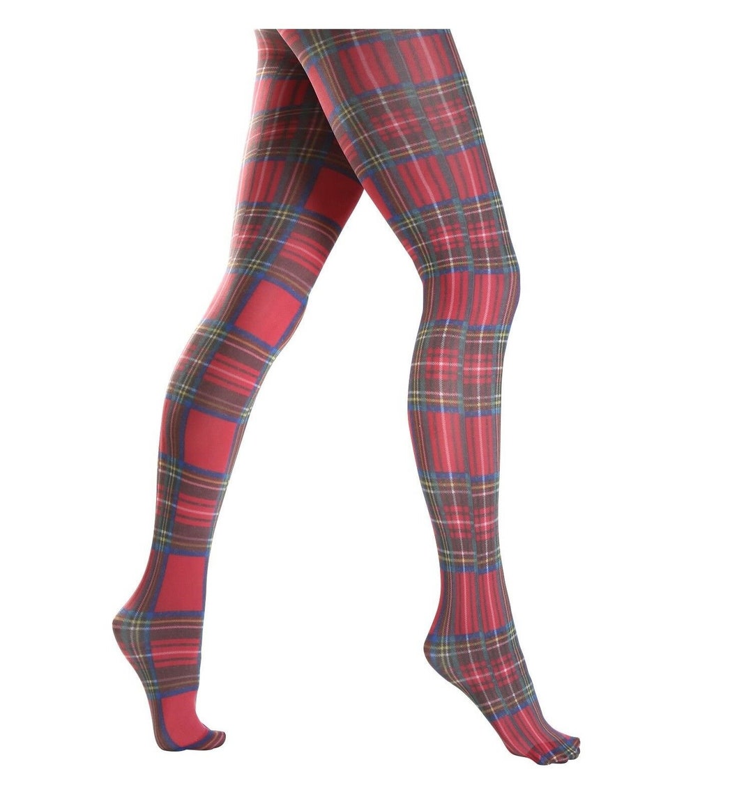 TARTAN Plaid Print Tights XL Opaque Hosiery PANTYHOSE Red Multi Printed ...