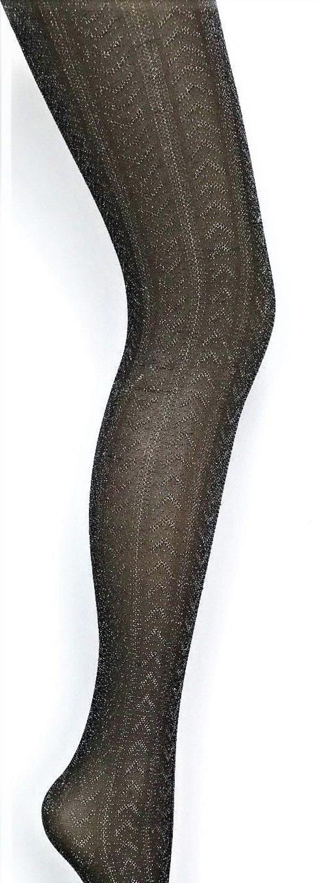 Black Silver Sparkly Lurex Chevron Pattern Tights Retro Pantyhose 40 ...
