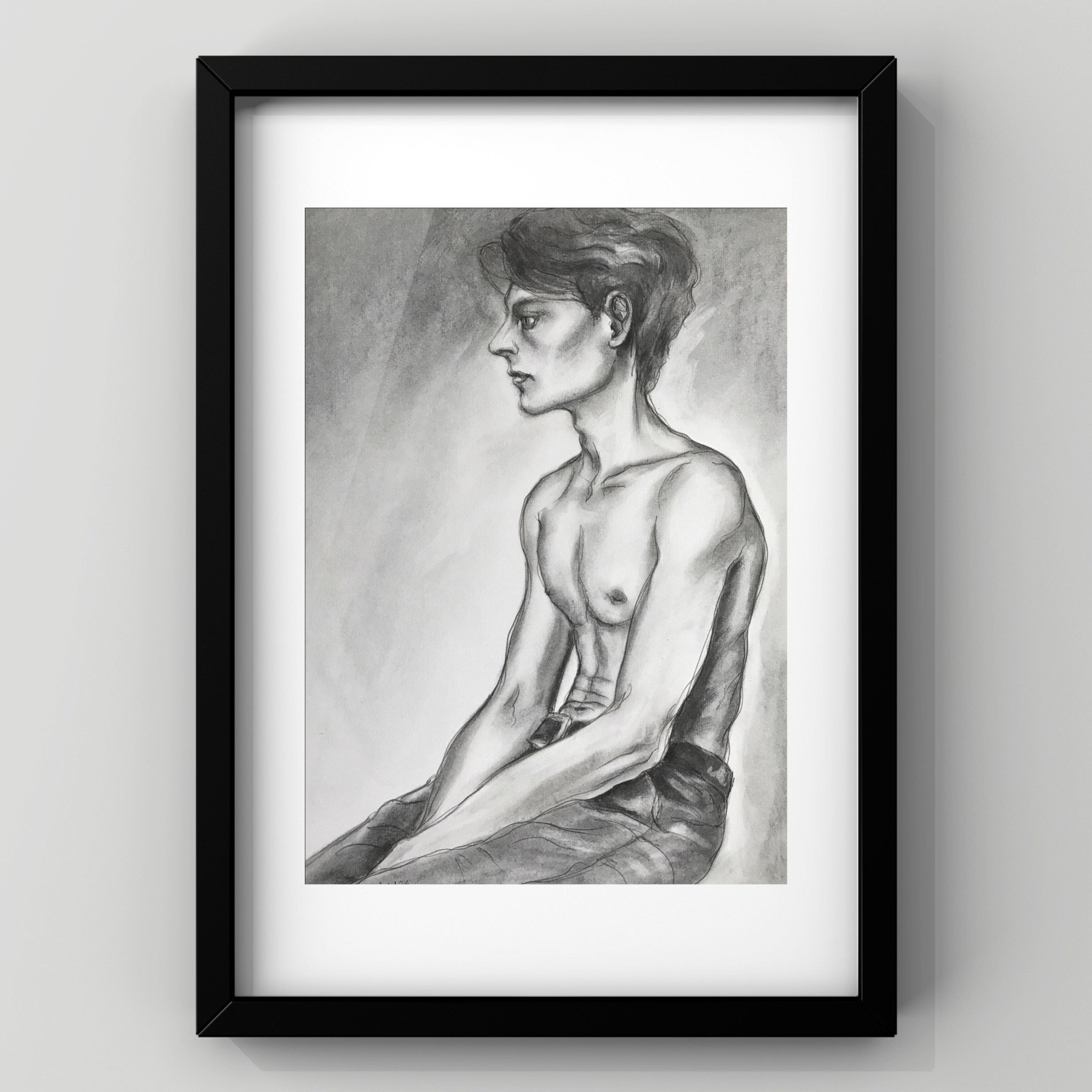 Young Man With Bare Torso Profile Original Charcoal Drawing A3 Unframed ...