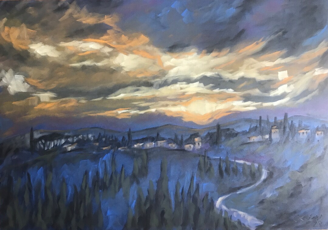 Tuscany Sunrise Original Pastel Painting A3 Pastel on Blue Pastel Paper ...