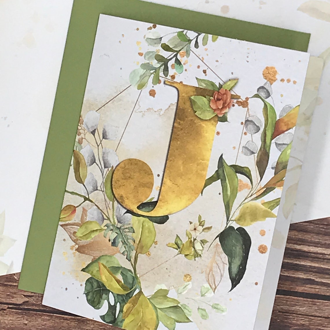 Watercolor Monogram Gold/floral Letter J Initial Notecards - 12 Note ...