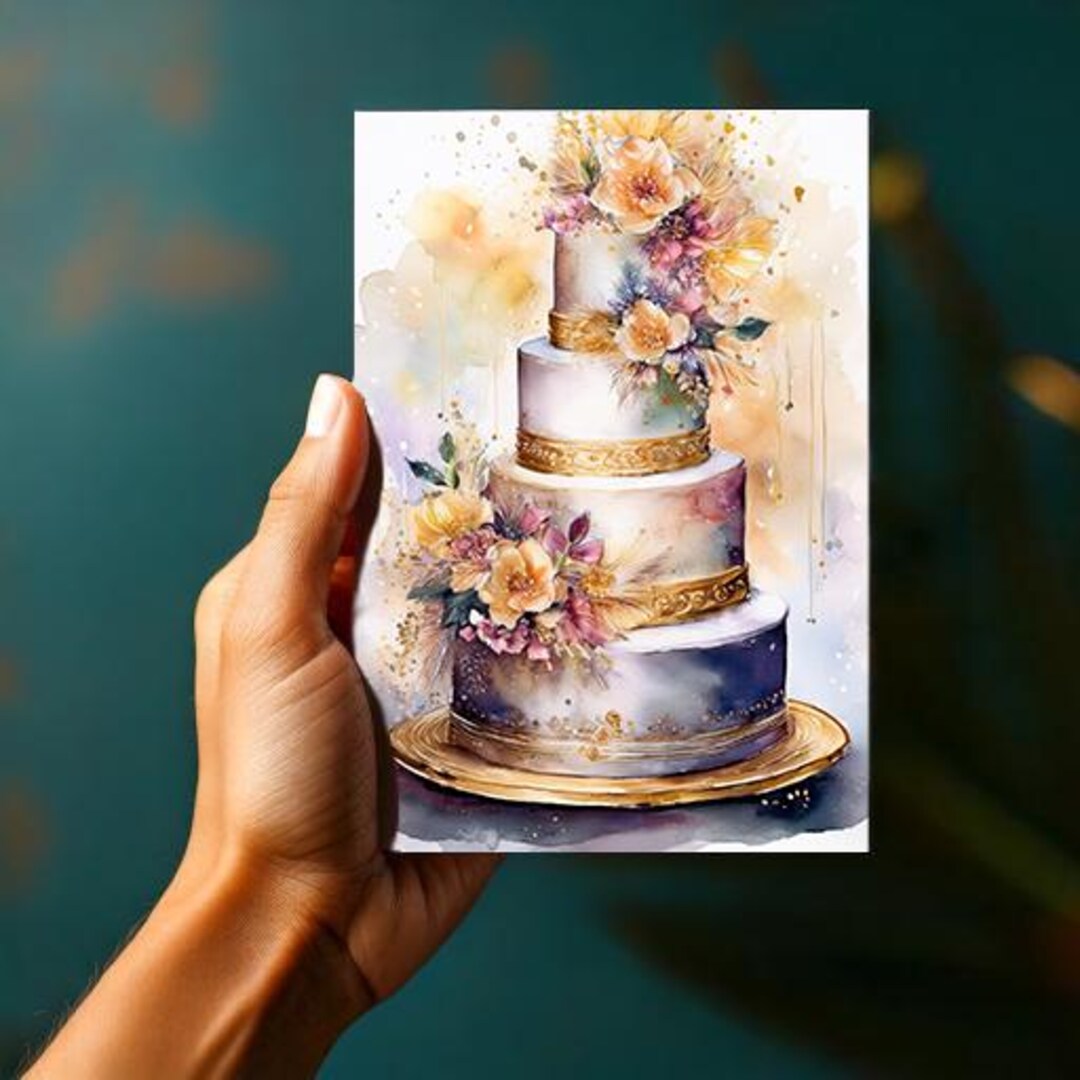 Watercolor Wedding Cake - Tiered Cake With Floral and Gold Accents ...