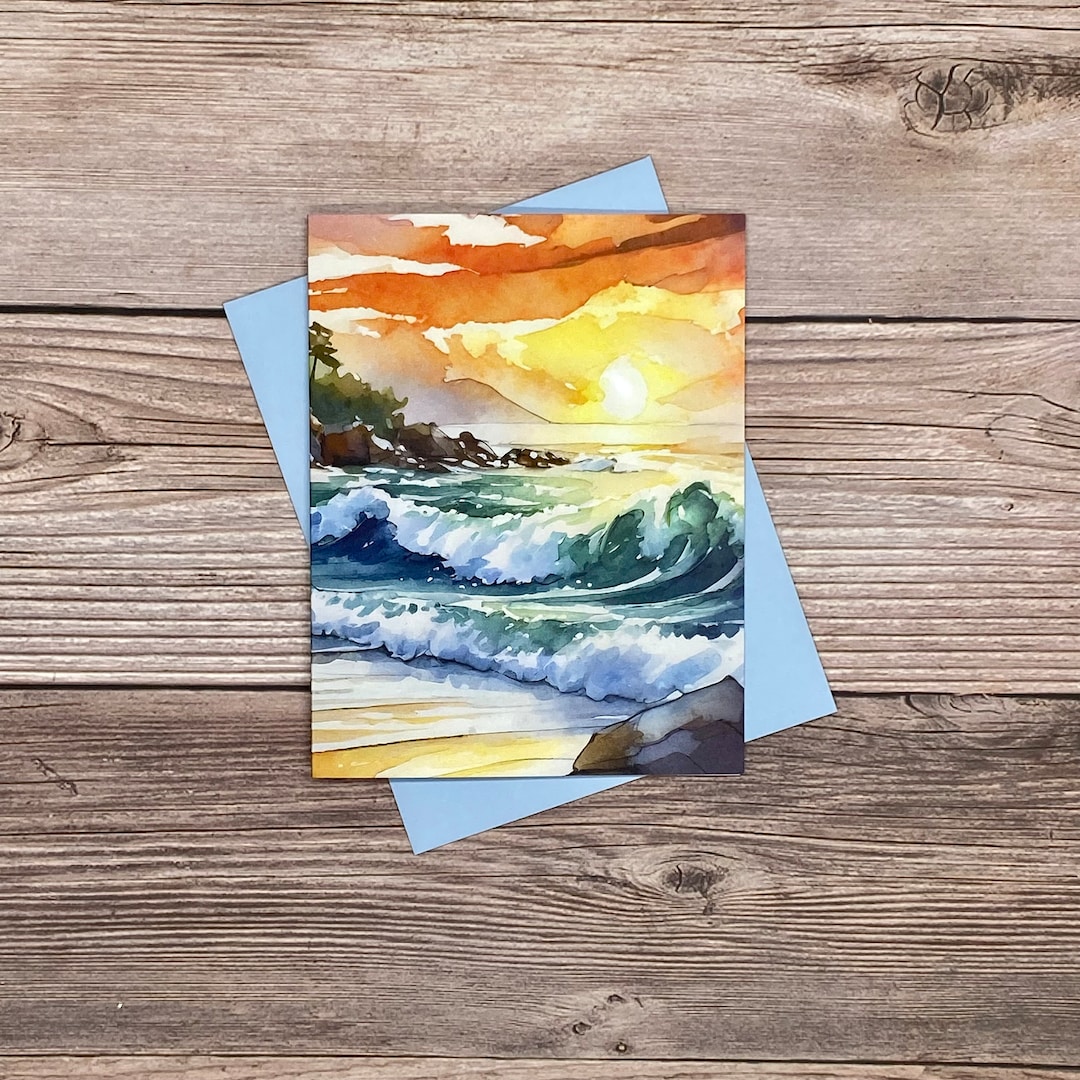 Watercolor Sunset Beach -12 Card Gift Set - High-end Heavy Stock ...