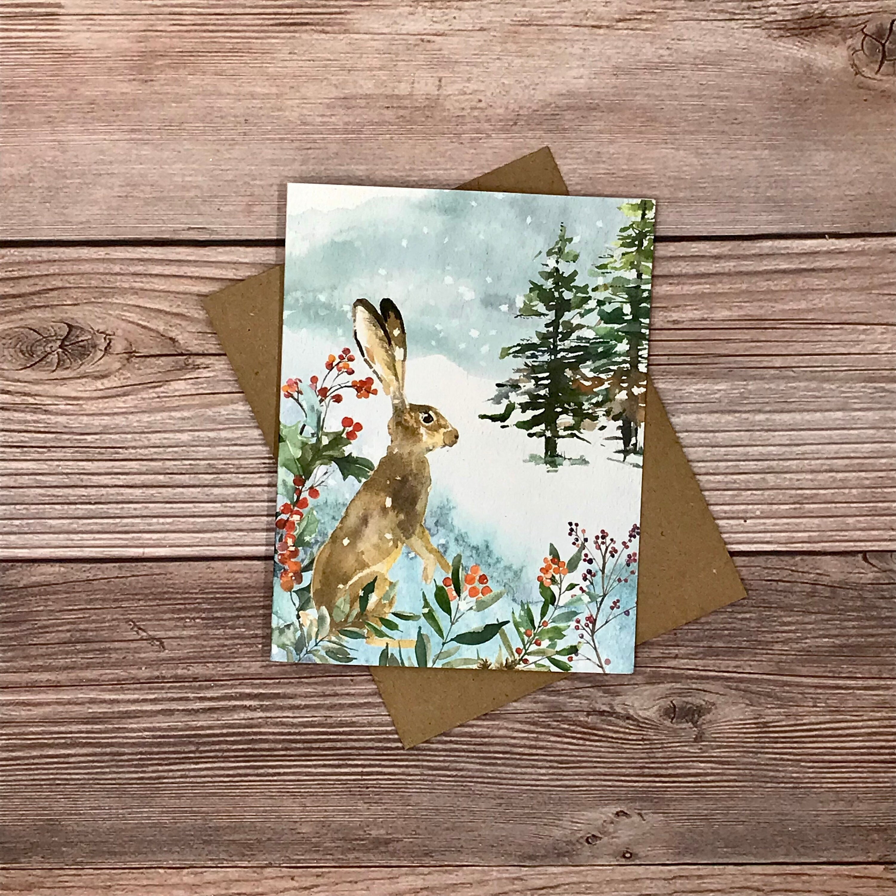 Hare Rabbit Christmas Cards (12) Watercolor Winter Woodland Animals ...
