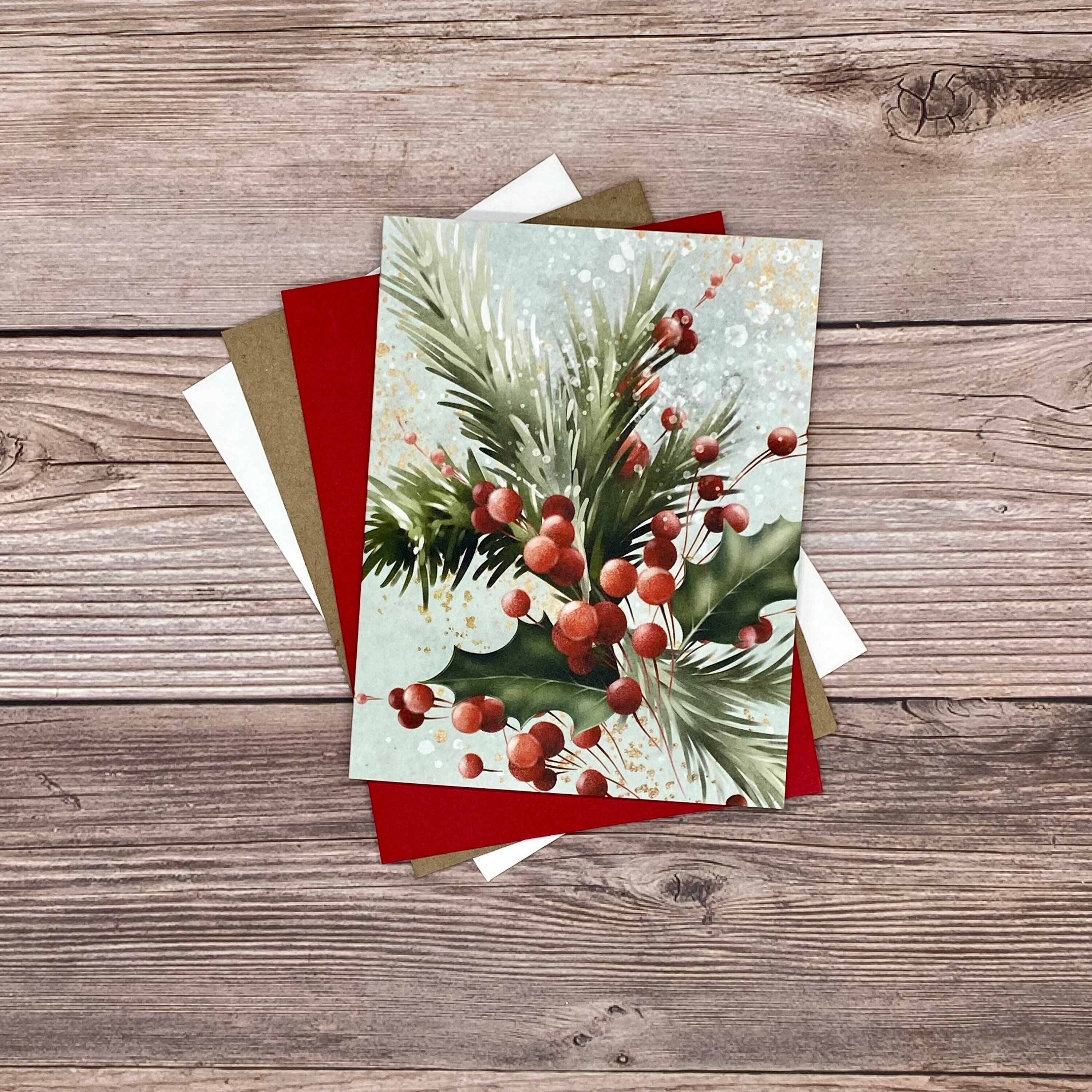 Evergreen and Winter Berries Christmas Cards (12) - Holiday Greenery ...