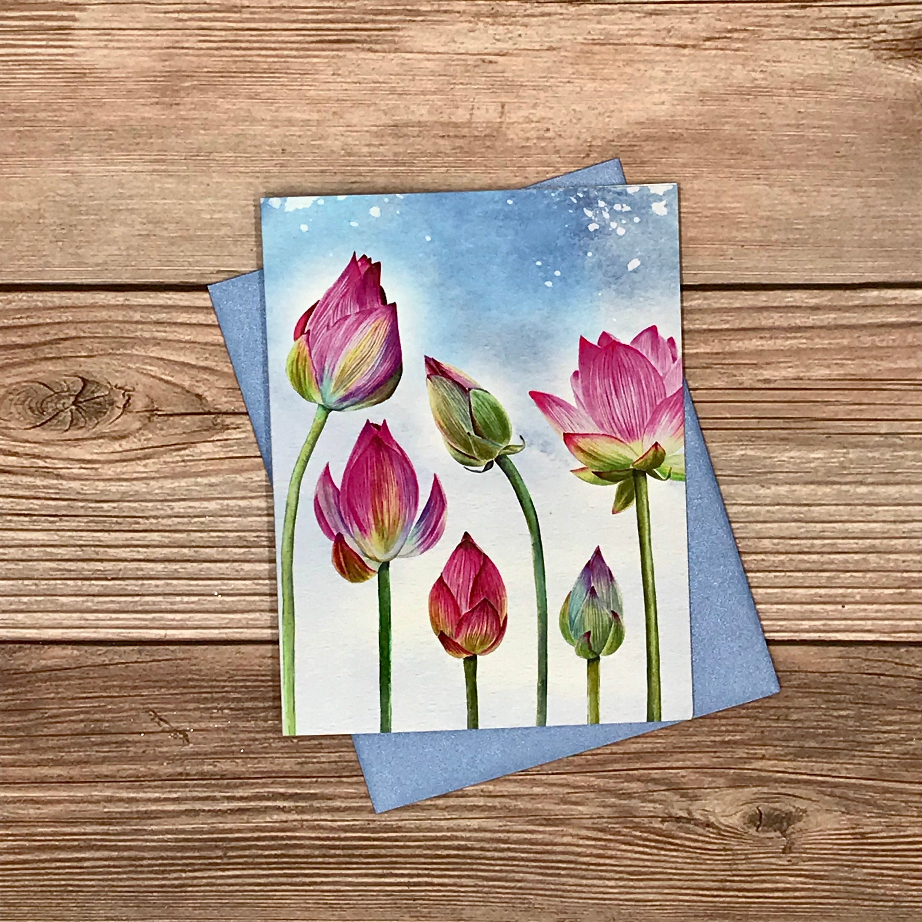 Blooming Lotus Watercolor 12 Card Gift Set Heavy Stock - Etsy