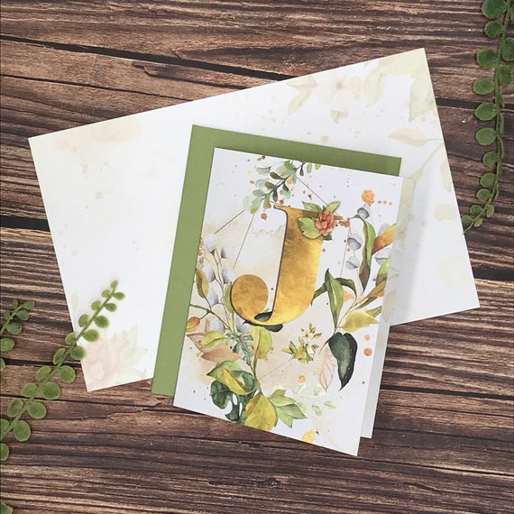 Watercolor Monogram Gold/floral Letter J Initial Notecards | Etsy