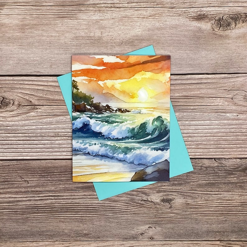 Watercolor Sunset Beach -12 Card Gift Set - High-end Heavy Stock ...
