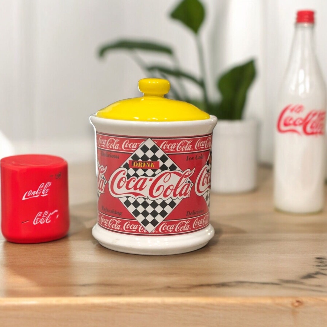 1995 1990s 90s Coca Cola Checkered Red Yellow Black White Canister Jar ...