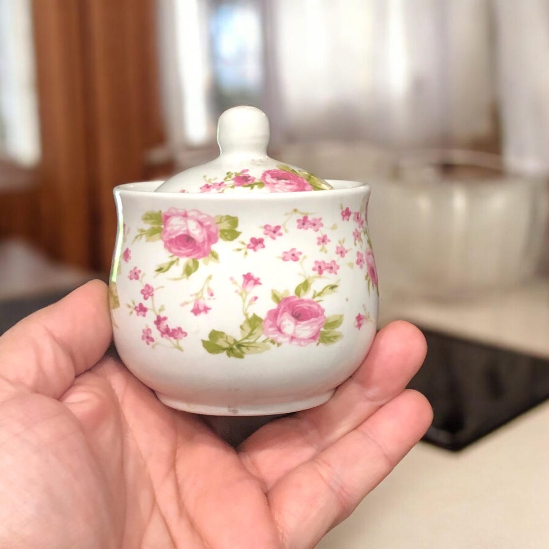 Vintage Porcelain Jelly Jam Jar Pink Rose Pattern Sugar Bowl With Spoon ...