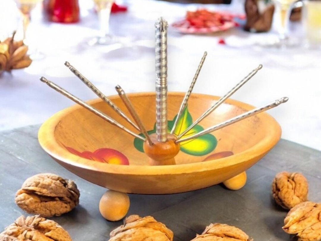 Wood Walnut Nutcracker Bowl Retro Mid Century Cocktail Party Serving ...