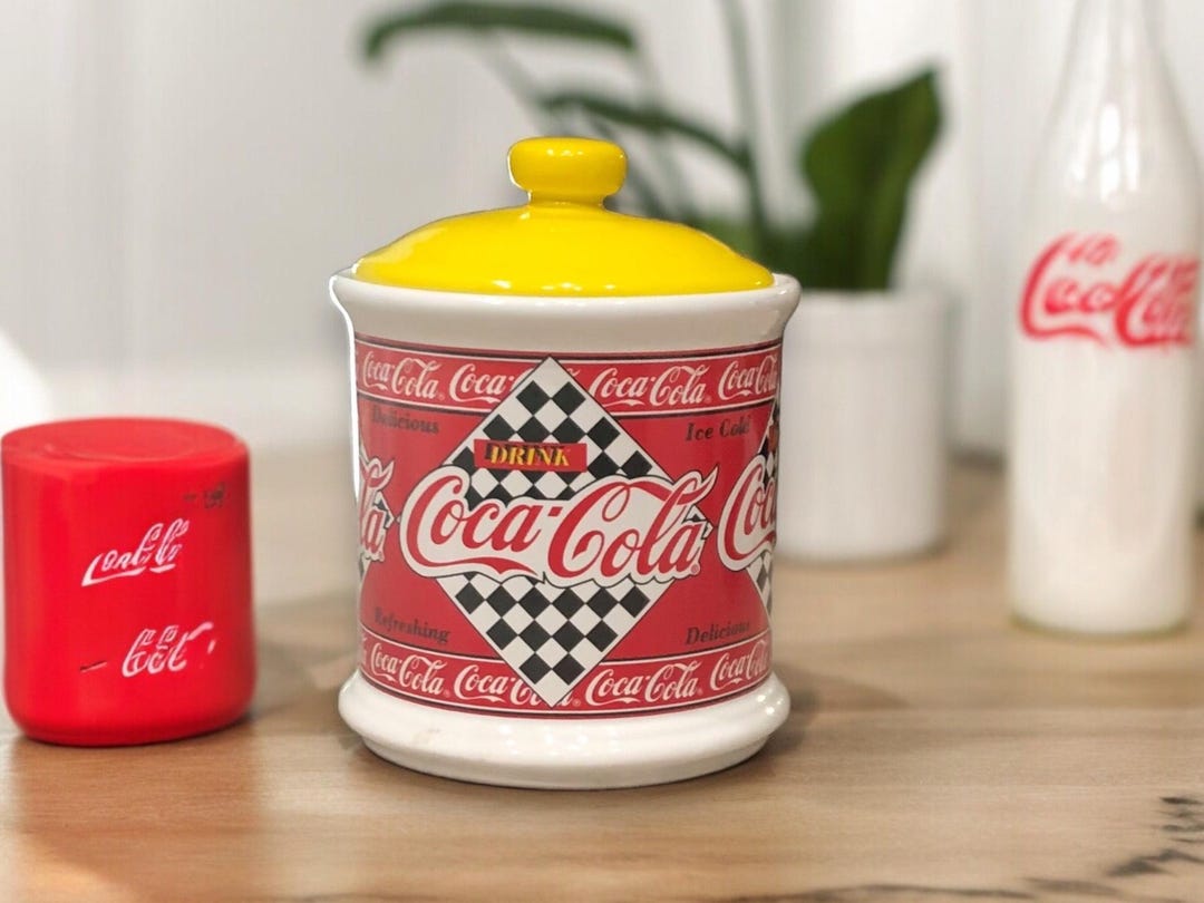 Coca Cola Checkered Canister Red Yellow Black White Storage Jar Flour ...