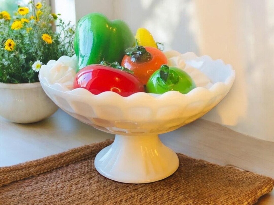 Decorative White Milk Glass Bowl Pedestal Glass Fruit Bowl 1950s ...