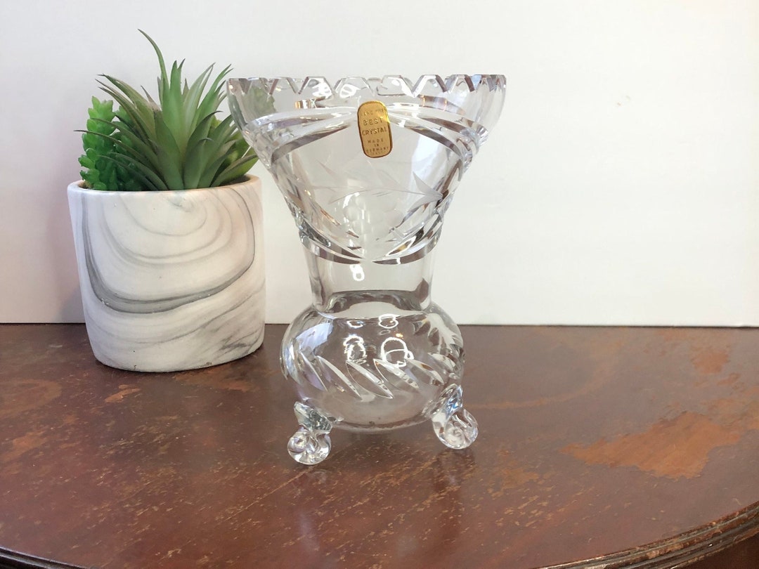 Vintage German Cut Crystal Vase – 1950s Grape Motif, Footed Clear Glass ...