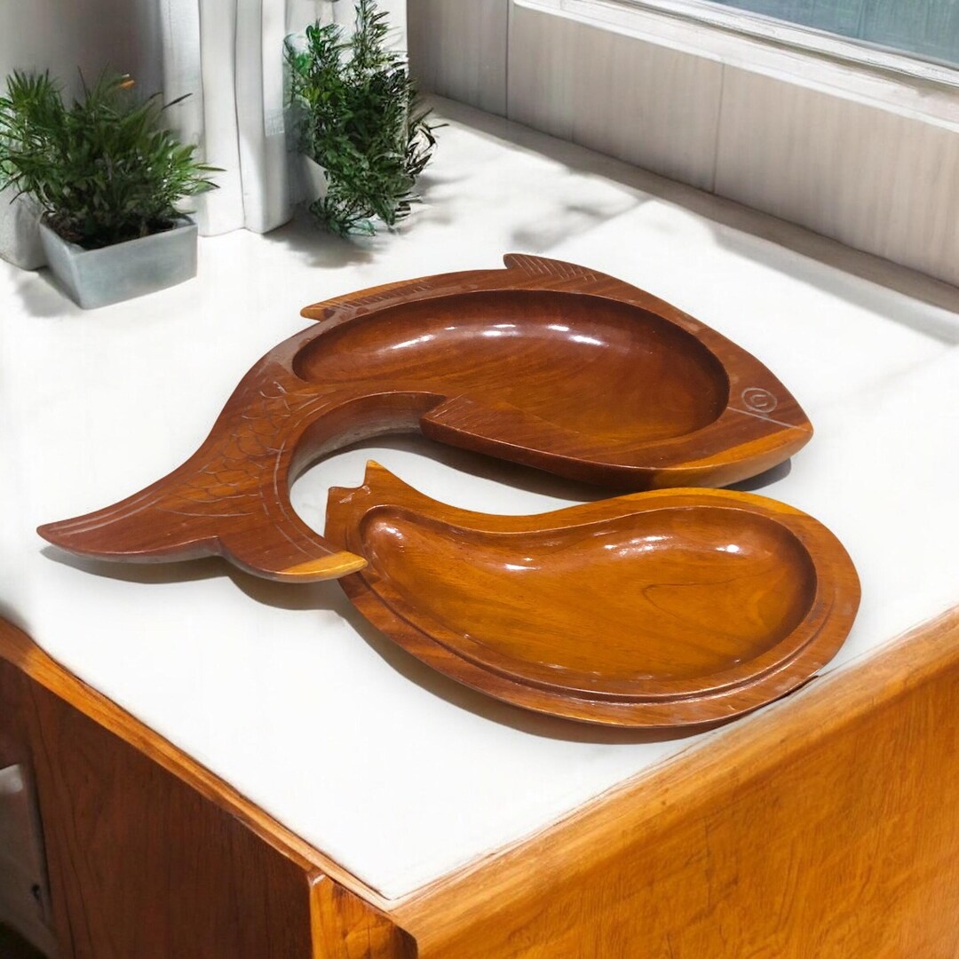 Wood Fish Serving Tray, 70s Carved Fish Bowl With Lid, MCM Nautical ...