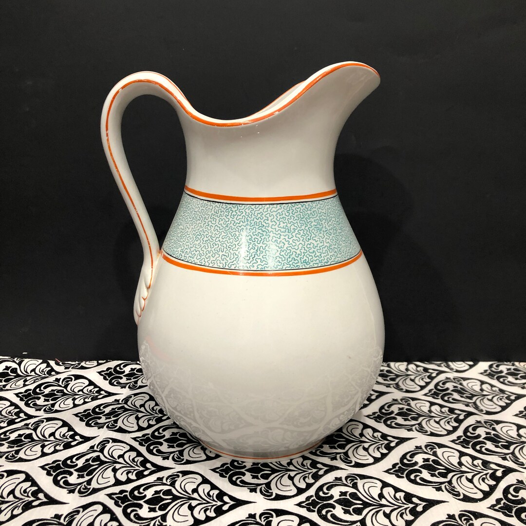 Large Ceramic Milk Jug With Light Blue and Orange Patterns, Rustic ...