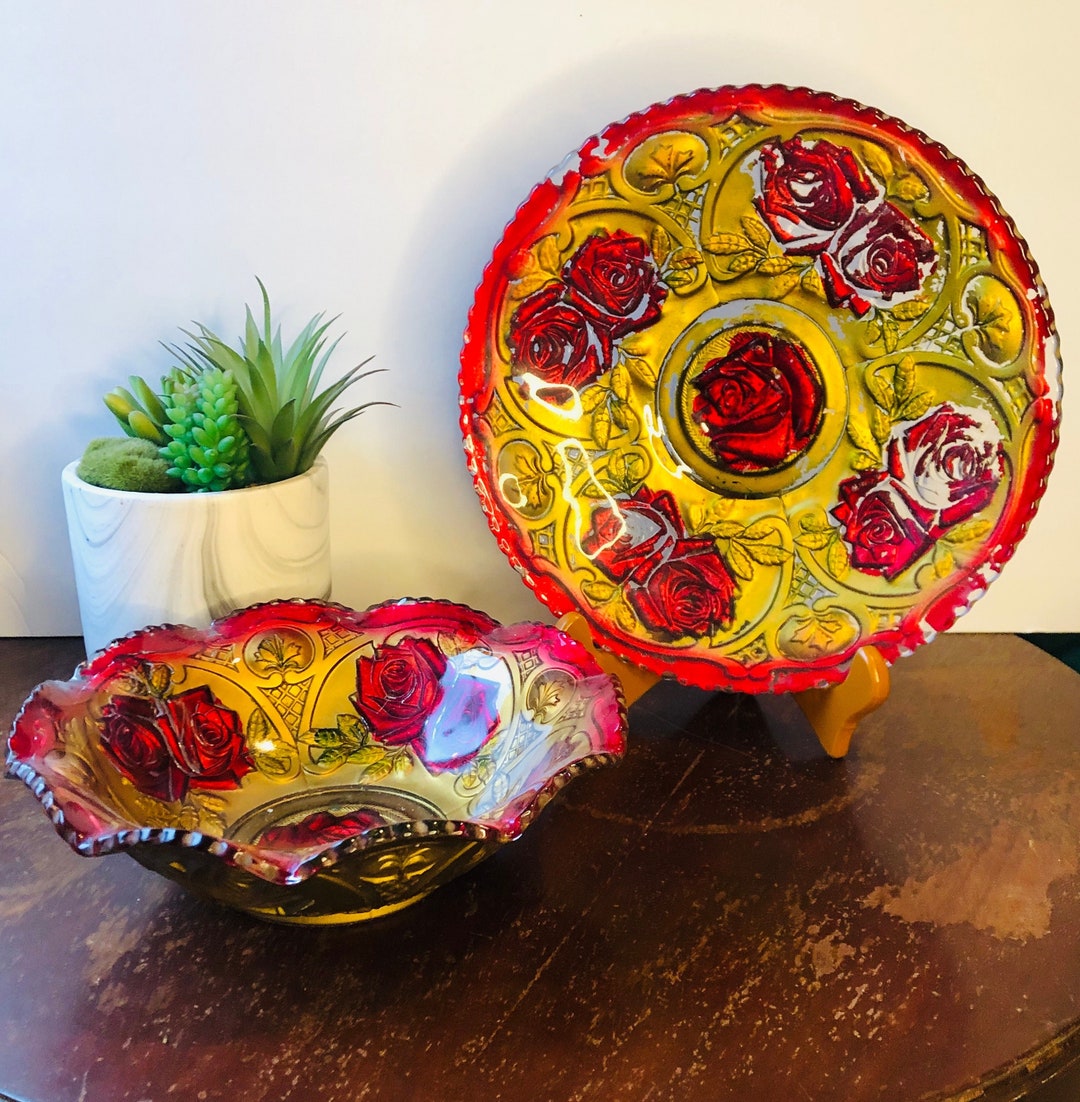 Antique Goofus Glass Bowl, Red Roses in Snow Pattern, VTG Glassware ...