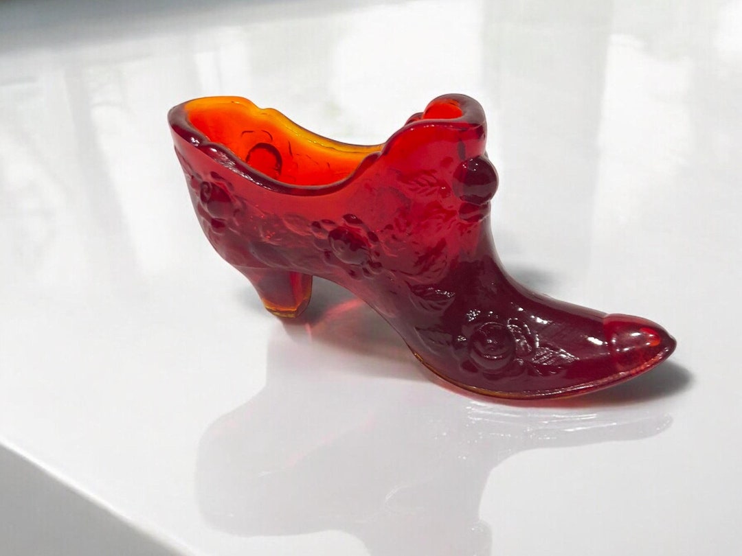 Ruby Red Fenton Glass Slipper Shoe, Cabbage Rose, Collectible Home ...