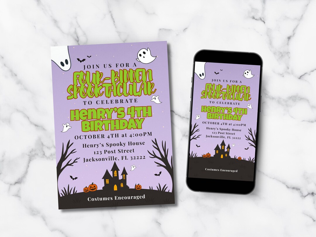 Spooky 4th Birthday Party Invitation, Halloween Theme Party Invite ...