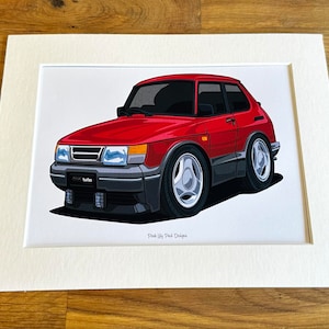 Saab 900 Turbo Cartoon Mounted Print - Pink Lily Pad Artwork - Ready to ...