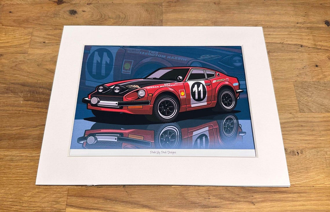 Datsun 240z Rally Car Cartoon Mounted Print - Pink Lily Pad Artwork ...