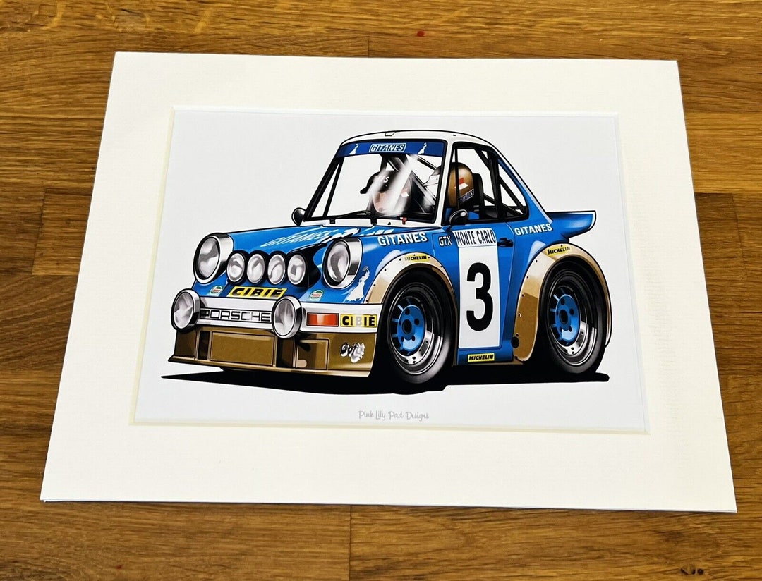 Porsche 911 Carrera RS Cartoon Mounted Print - Pink Lily Pad Artwork ...