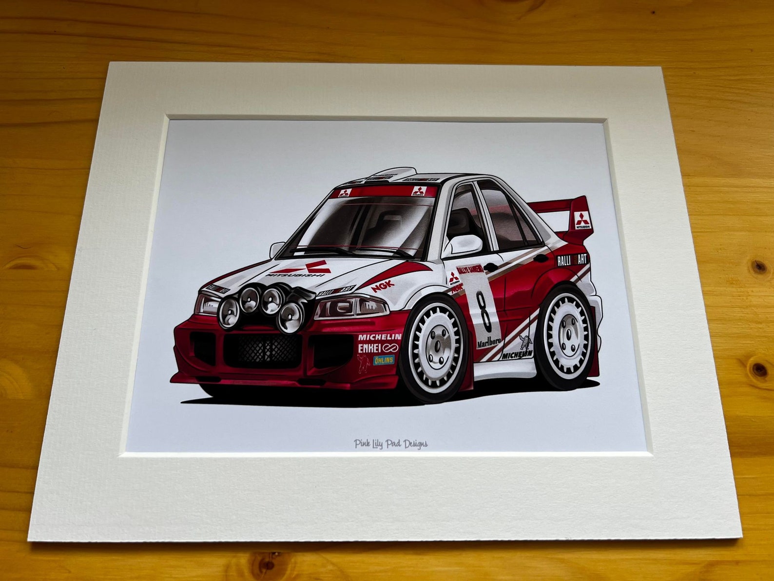 Mitsubishi Lancer Evolution III Rally Car Cartoon Mounted Print Pink ...