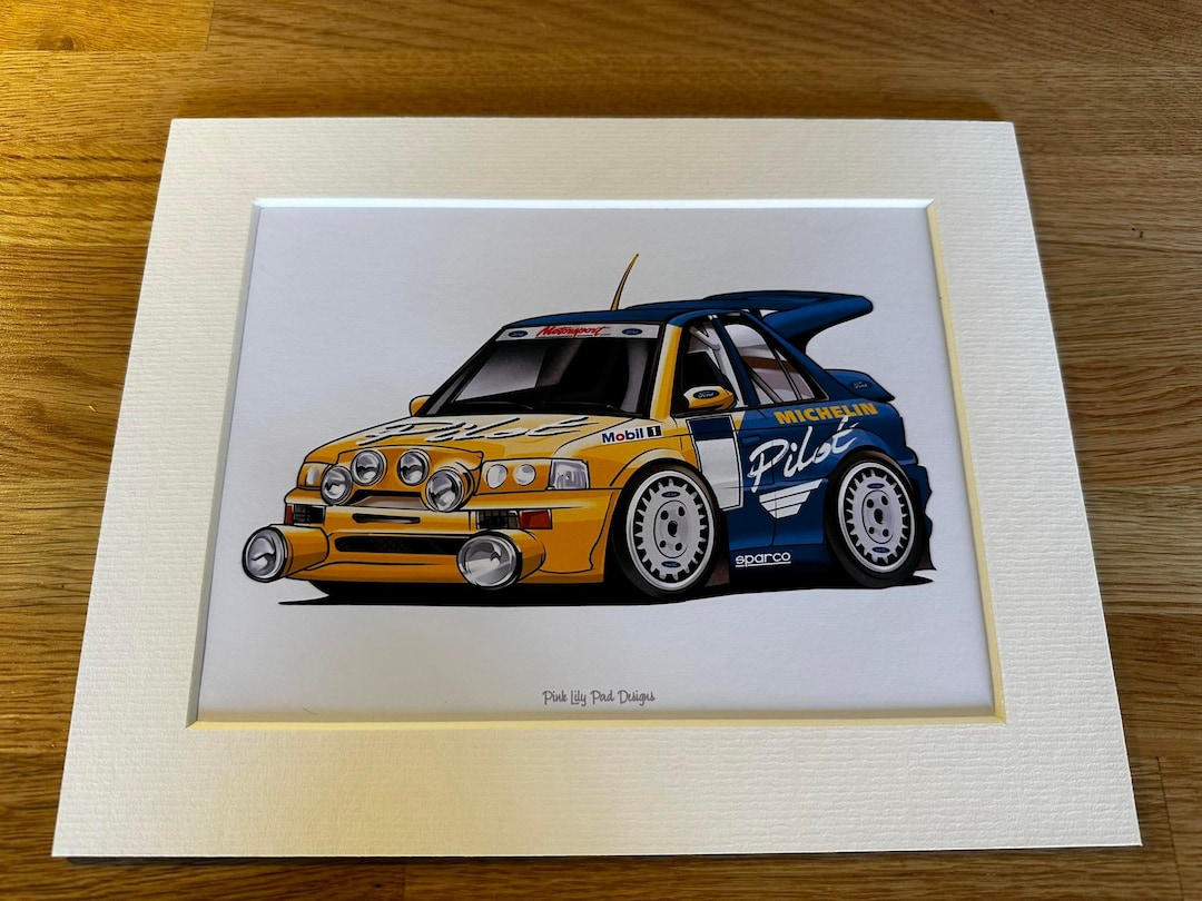 Ford Escort Cosworth Cartoon Mounted Print Pink Lily Pad Artwork Ready ...