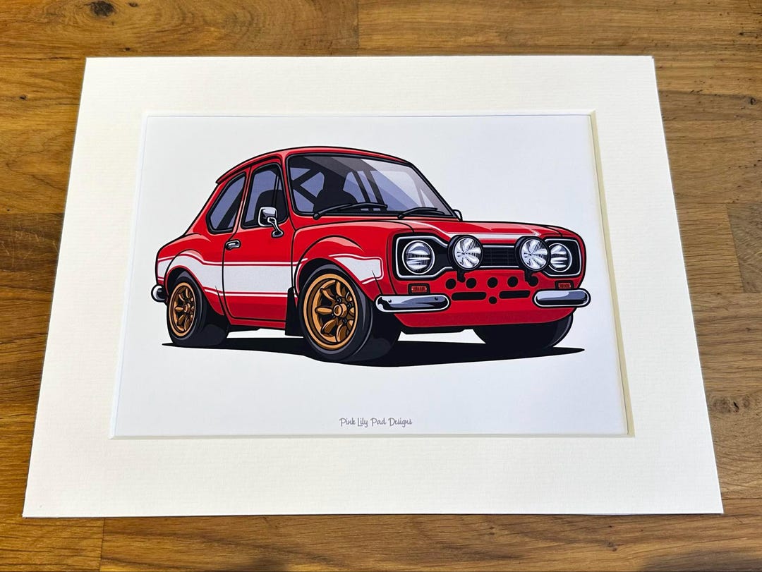 Ford Escort Rally Car Cartoon Mounted Print - Pink Lily Pad Artwork ...