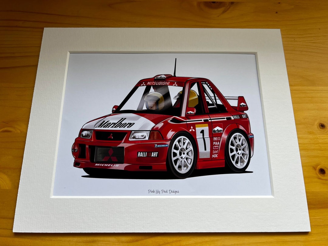 Mitsubishi Lancer Evolution VI Rally Car Cartoon Mounted Print - Pink ...